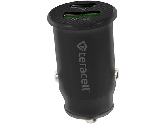 Auto punjač Teracell Evolution TC-10 PD 20W, USB QC3.0 15W sa Lightning kablom crni