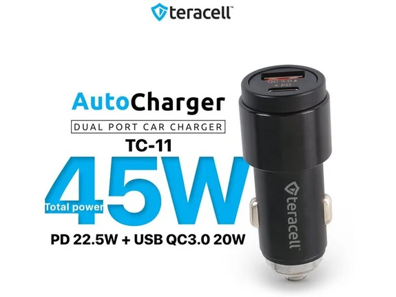 Auto punjač Teracell Evolution TC-11 PD 22.5W + USB QC3.0 20W, 45W (total) sa Lightning kablom crni