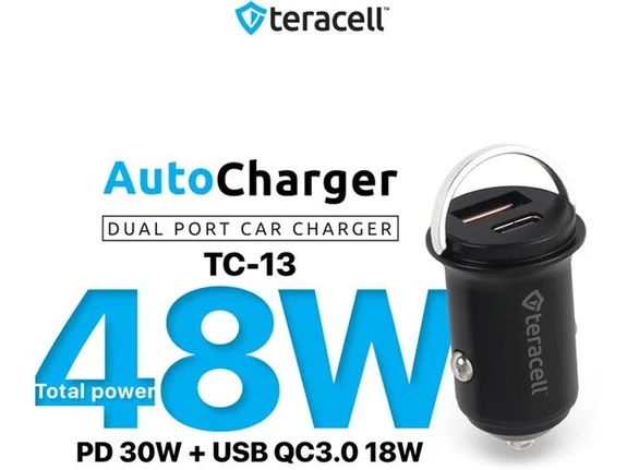 Auto punjač Teracell Evolution TC-13 PD 30W + USB QC3.0 18W, 48W (total) sa Lightning kablom crni