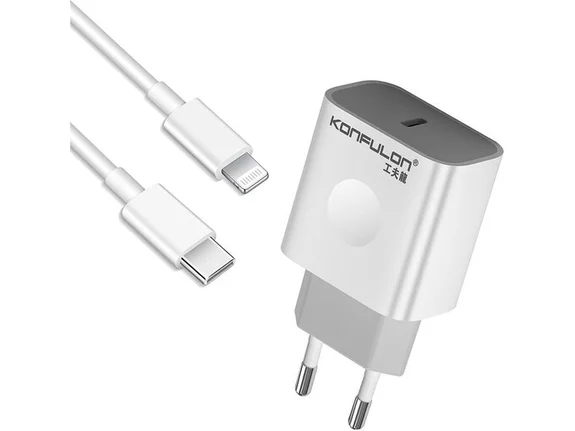 Kućni punjač KONFULON C69D+DC13 PD20W sa PD kablom Type C na iPhone lightning beli