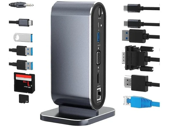 Docking station / HUB Type-C na LAN Gb, SD card, TF, PD, Type-C, 4xUSB 3.0, Audio, HDMI i VGA 12 u 1 sa postoljem