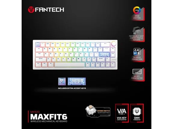 Tastatura mehanička Gaming Fantech MK920 RGB Maxfit 6 Wireless bela (Brown switch)