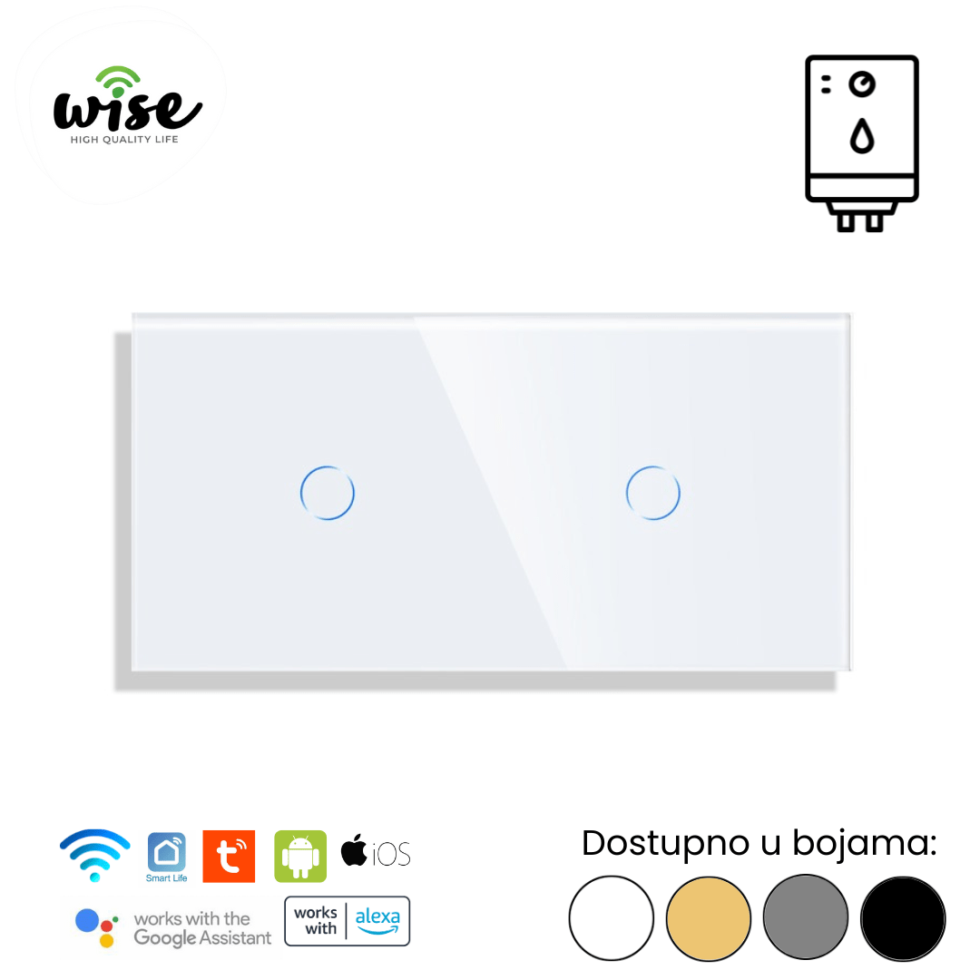 Wise set za kupatilo
1 taster (bojler) + 1 taster (svetlo / ventilator)
staklo bela