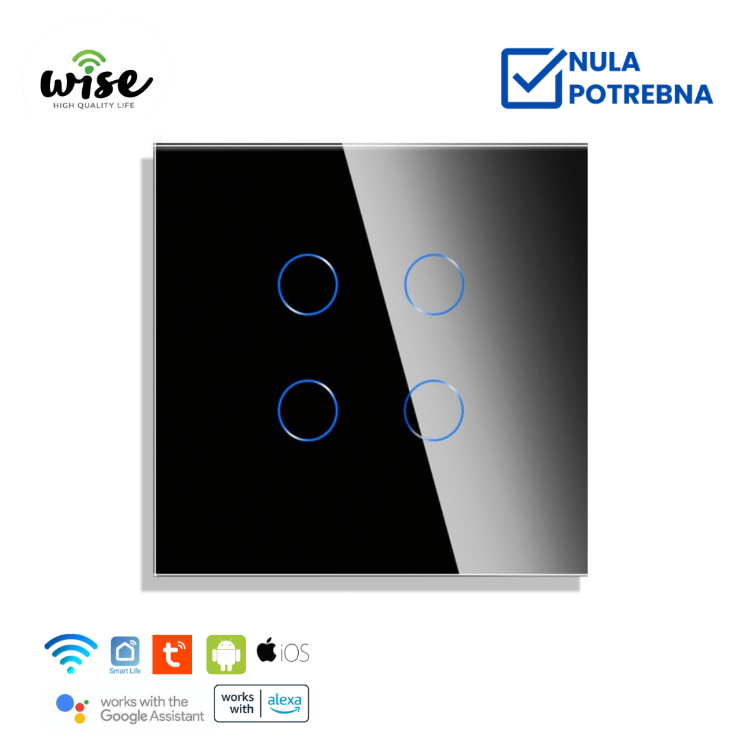 Wifi pametni prekidač, 4 tastera
stakleni panel crni
