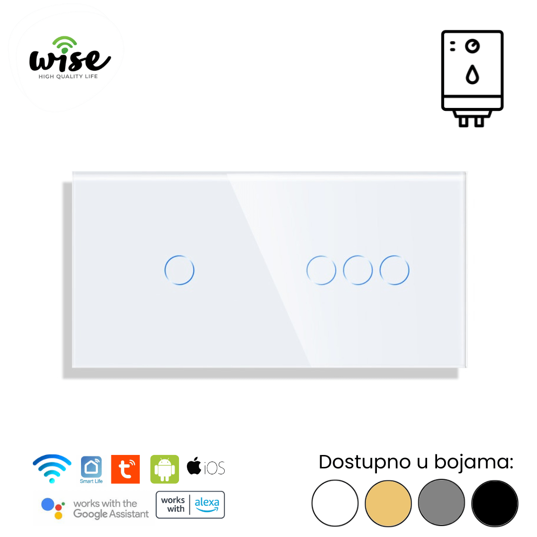 Wise set za kupatilo
1 taster (bojler) + 3 tastera (svetlo / ventilator)
staklo crna