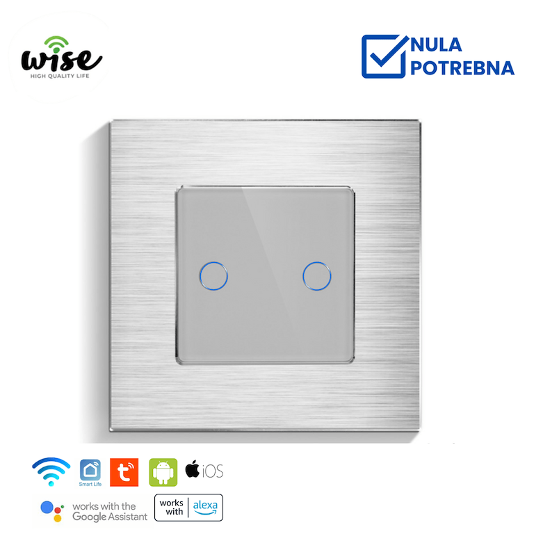 Wifi pametni prekidač, 2 tastera,
aluminijumski panel sivi