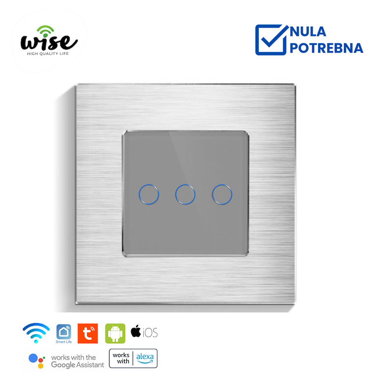 Wifi pametni prekidač, 3 tastera
aluminijumski panel sivi