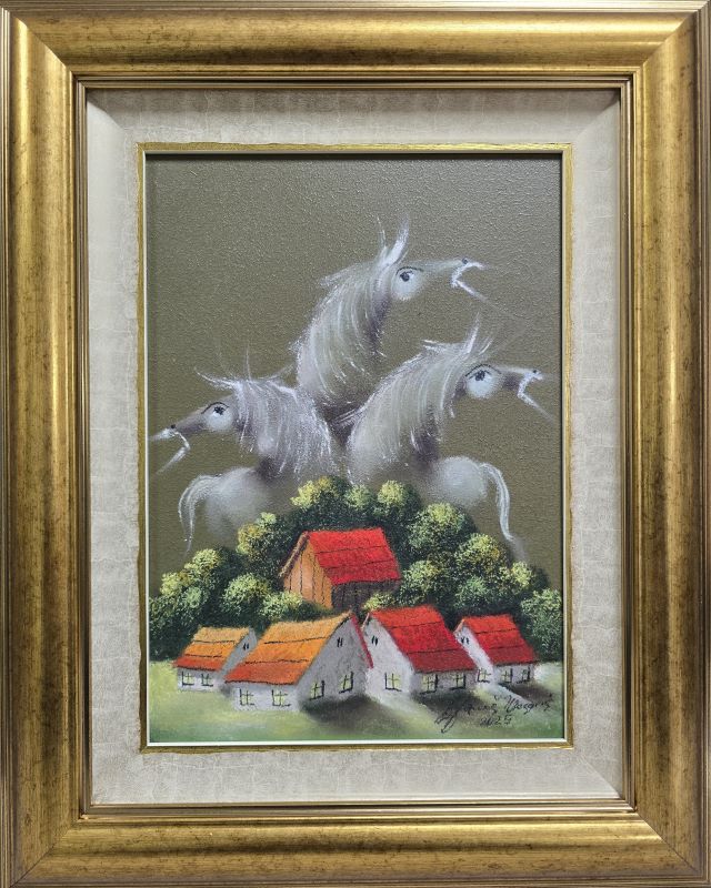 Čuvarkuće II, Janoš Mesaroš, kombinovana tehnika na kaširanom platnu, luksuzno uramljena, sa 51×41 cm, bez 35×25 cm, sertifikat, 31860 dinara