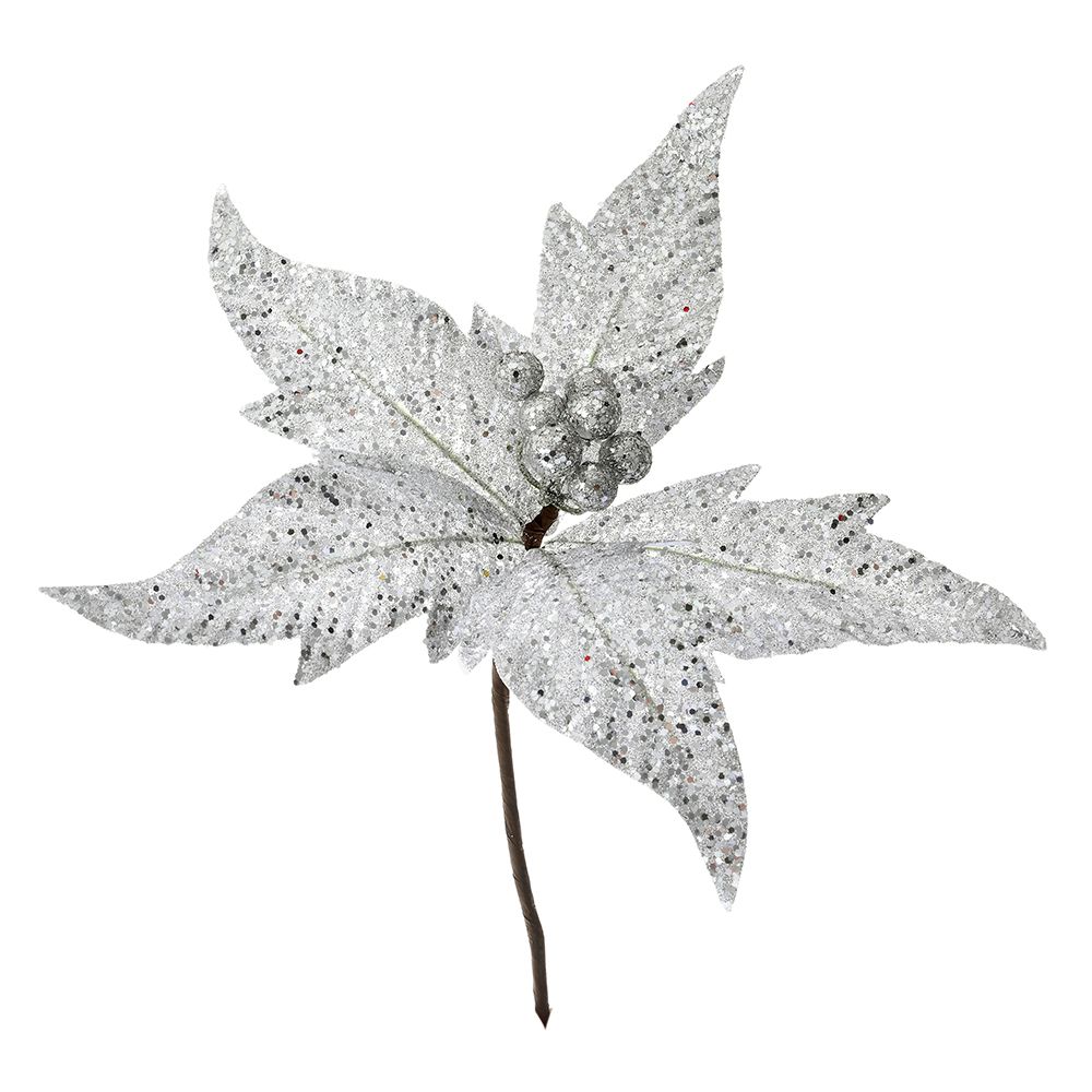 NG cvet SILVER GLITTER POINSETTIA PICK 25cm 79068 - ILD