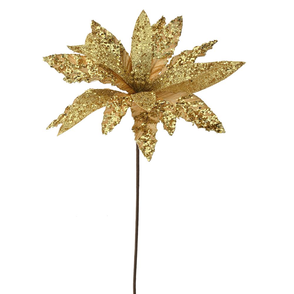 NG cvet XMAS GOLD GLITTER POINSETTIA FLOWER STEM 32?55CM 79189 - ILD