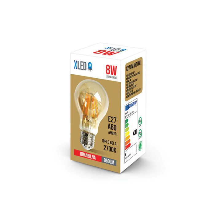 Xled E27 8W A60 Filament Sijalica dimabilna,2700K,220V,950Lm,60*108mm,Ra≥80 PF≥0.5 amber