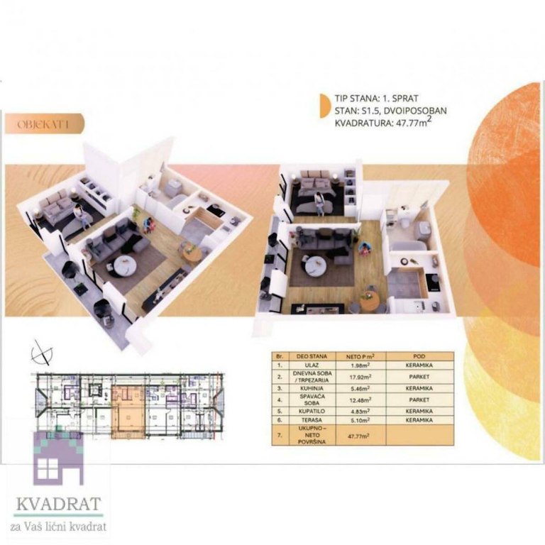 Jednoiposoban stan u izgradnji 47.77 m², Obrenovac - 78.821€