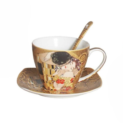 Šolje sa tacnom i kašičicama set 2 Cappuccino - Klimt, Kiss, Gold, 250 ml