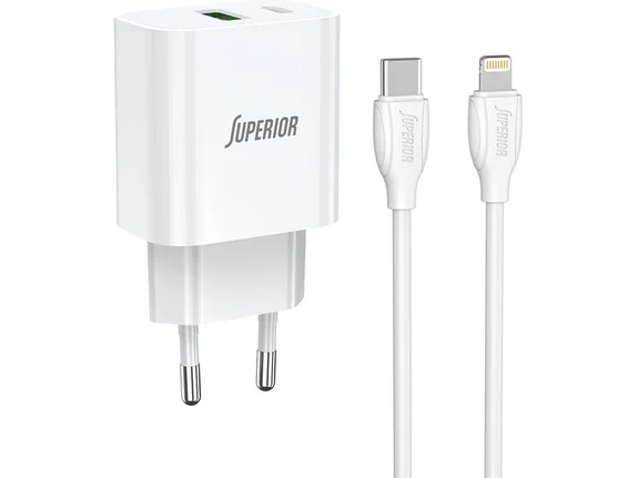 Kućni punjač Superior SU-P102 20W Super Fast USB A QC3.0+Type C sa Type C na Lightning kablom beli (CERT)