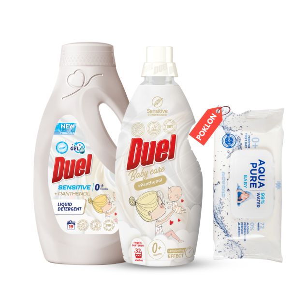 DUEL Set omekšivač Baby care 1.6L, tečni deterdžent Sensitive 855ml i Aqua pure vlažne maramice