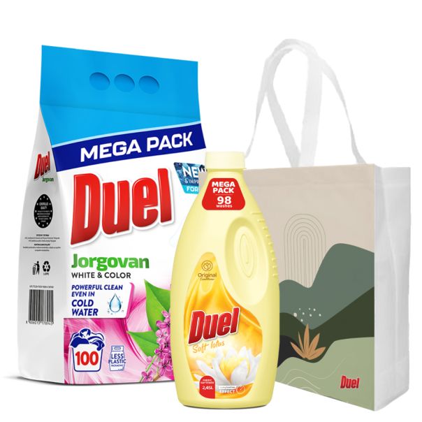 DUEL Set praškasti deterdžent za pranje veša Jorgovan 9kg, omekšivač Soft lotus 2.45L i ceger