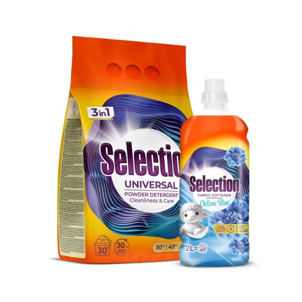 SELECTION Set praškasti deterdžent za pranje veša 3kg i omekšivač Cotton Blue 2L