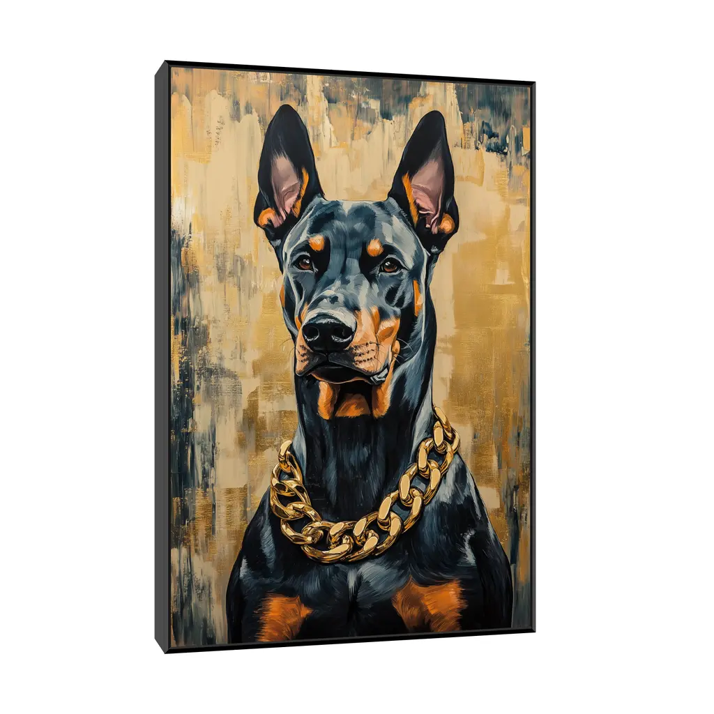 Canvas Slika na platnu Doberman sa zlatnim lancem 80x120cm, Sa ramom, Crni