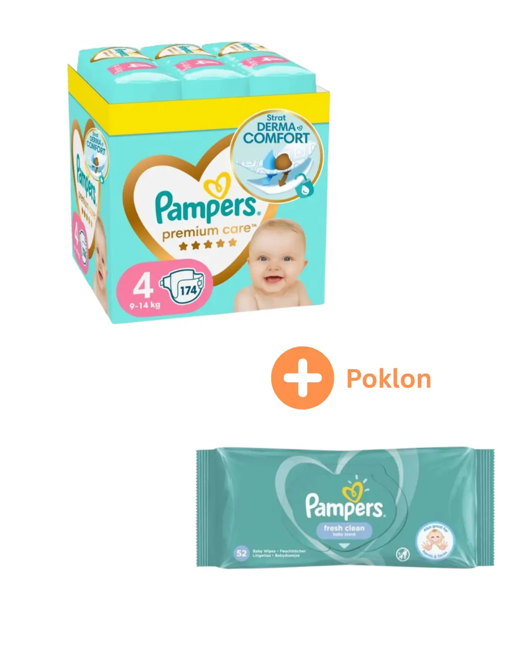 Pampers pelene Premium Monthly, S4, 9-14kg, 174 komada i Poklon Pampers maramice Fresh Clean, 52 komada