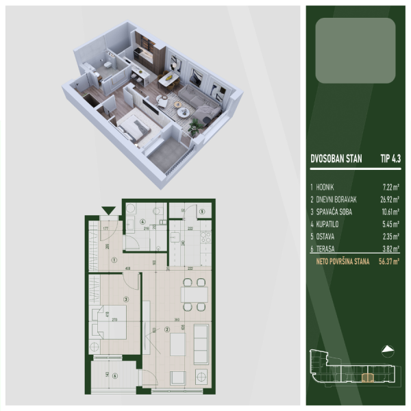 U blizini Klinilčkog, Dvosoban stan na prodaju, 56.37m2, 121.453€