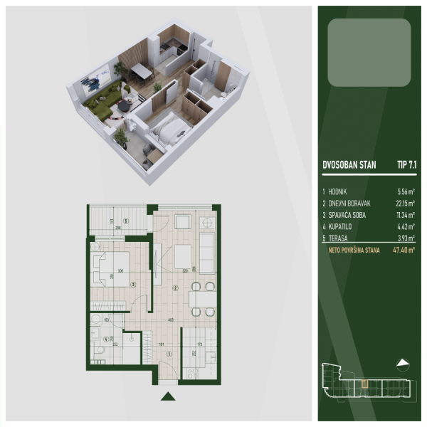 U blizini Kliničkog, Dvosoban stan na prodaju, 47.4m2, 102.945€