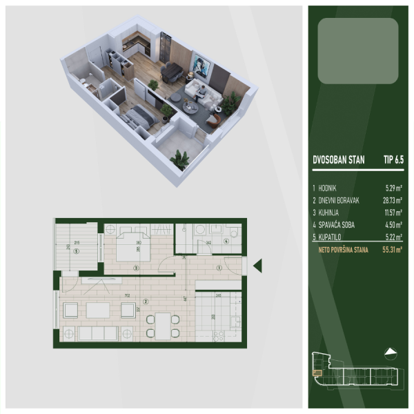 U blizini Kliničkog, Dvosoban stan na prodaju, 55.01m2, 123.860€