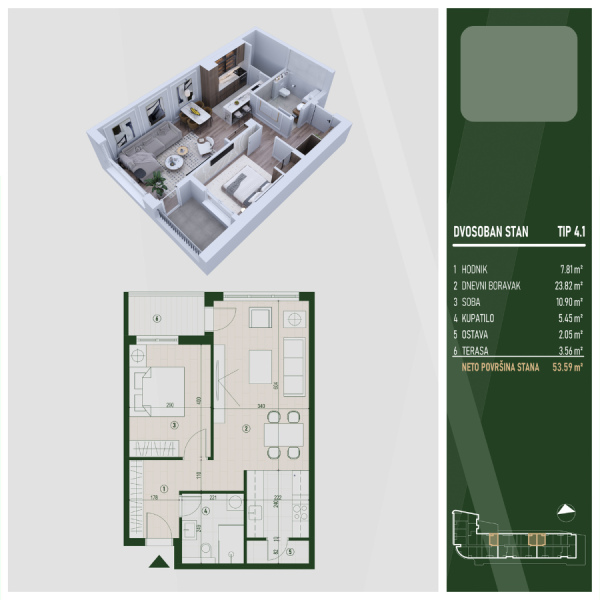 U blizini Kliničkog, Dvosoban stan na prodaju, 53.59m2, 115.946€
