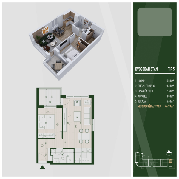 U blizini parka Čair, Dvosoban stan na prodaju, 46,79m2, 101.888€