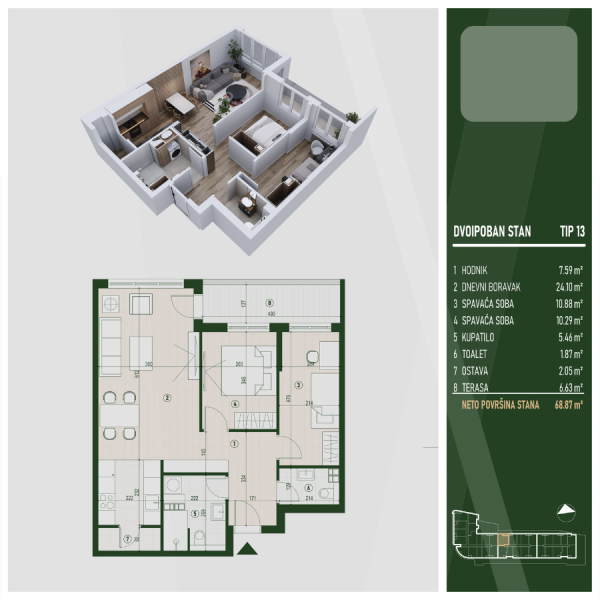 U blizini parka Čair, Dvoiposoban stan na prodaju, 68.87m2, 144.550€