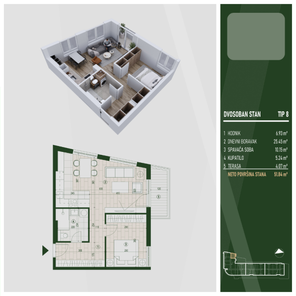 U blizini parka Čair, Dvosoban stan na prodaju, 51.84m2, 111.847€
