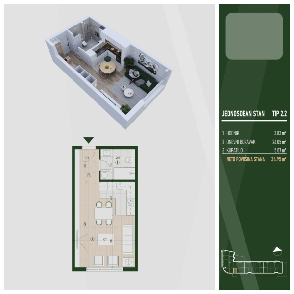 U blizini Čaira i Kliničkog centra, Jednosoban stan na prodaju, 34.95m2, 80.994€