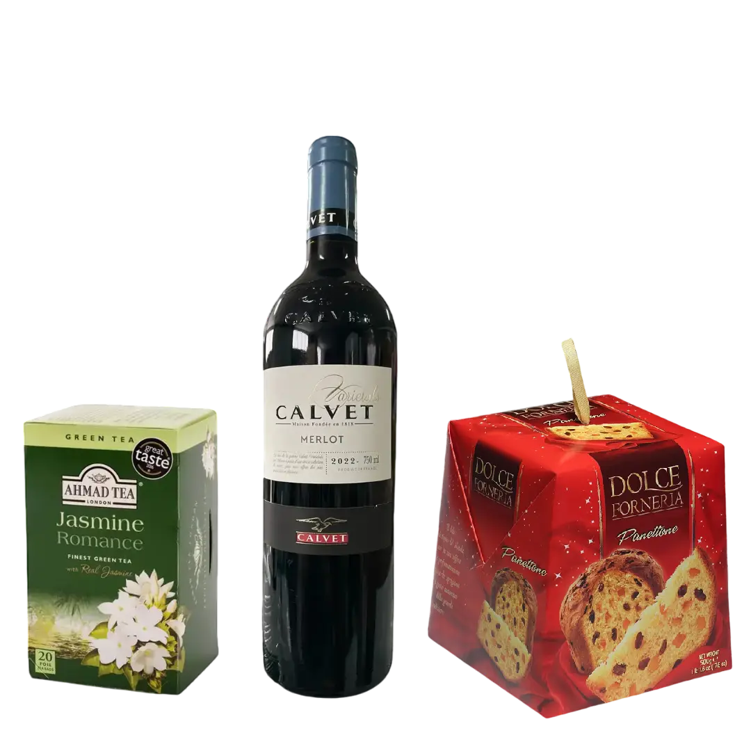 Calvet Crveno vino Merlot, 0,75l + AHMAD TEA Čaj Jasmine + DOLCE FORNERIA Panettone, 500g