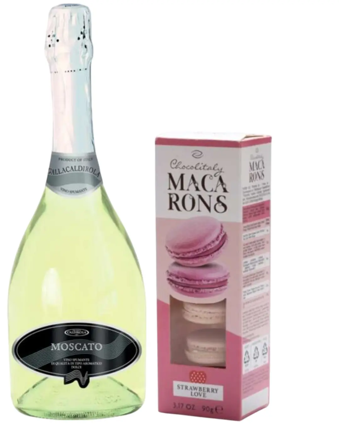 Caldirola Moscato Galla Penušavo belo vino, Polu-slatko, 0.75l i Chocolitaly Macarons jagoda Love 90gr