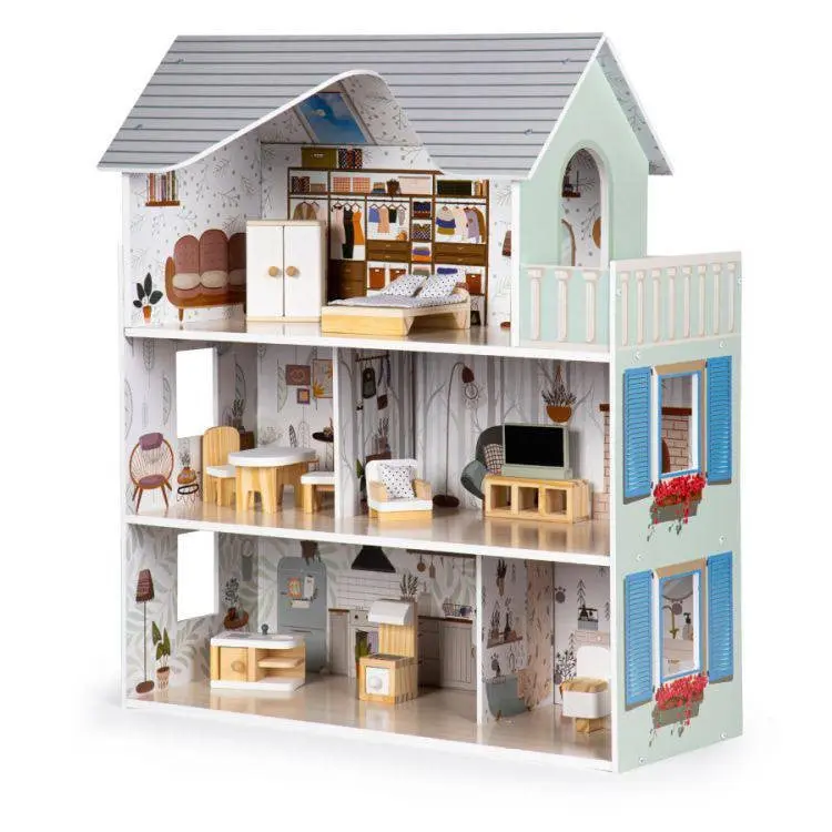ECO TOYS Drvena kućica za lutke sa nameštajem Emma Residence, Višebojna