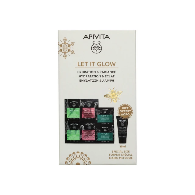 Apivita Let it glow SET maski za lice Aloja, 2x8 ml + Nar, 2x8 ml + Ginko biloba za zonu oko oka, 2x8 ml+ Gel za umivanje, 15 ml