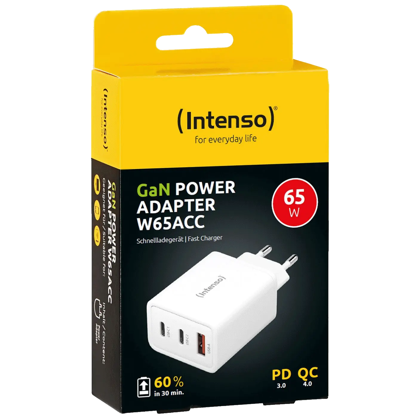 INTENSO Punjač kućni Power Adapter W65ACC GaN, brzi, 1 x USB-A, 2 x UCB-C, 3A, 65W, beli