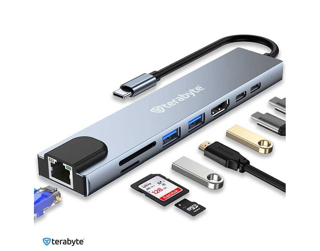 Adapter Terabyte Type C na RJ45 2xUSB 3.0 HDMI 2xPD SD TF 8 u 1 sivi