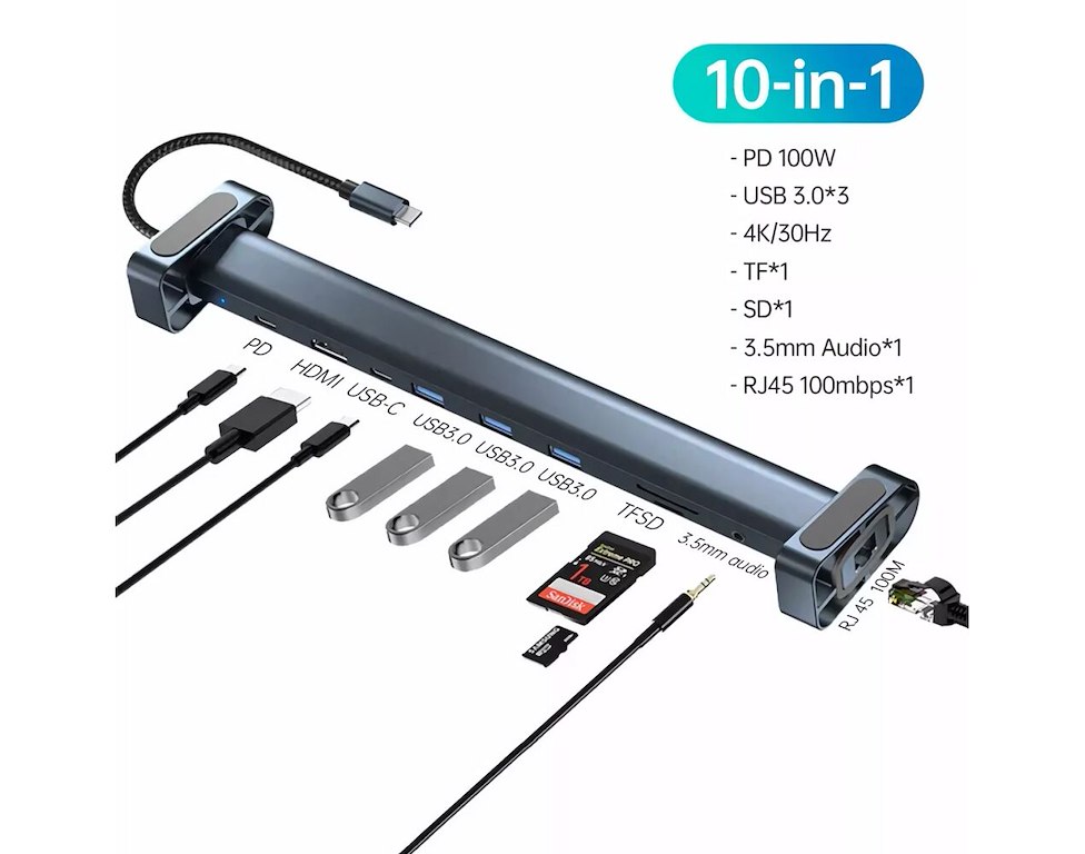 Adapter Type C JWD-TC45 na LAN, PD, HDMI, Type C, 3x USB 3.0, SD, TF, 3.5mm 10 u 1 sivi
