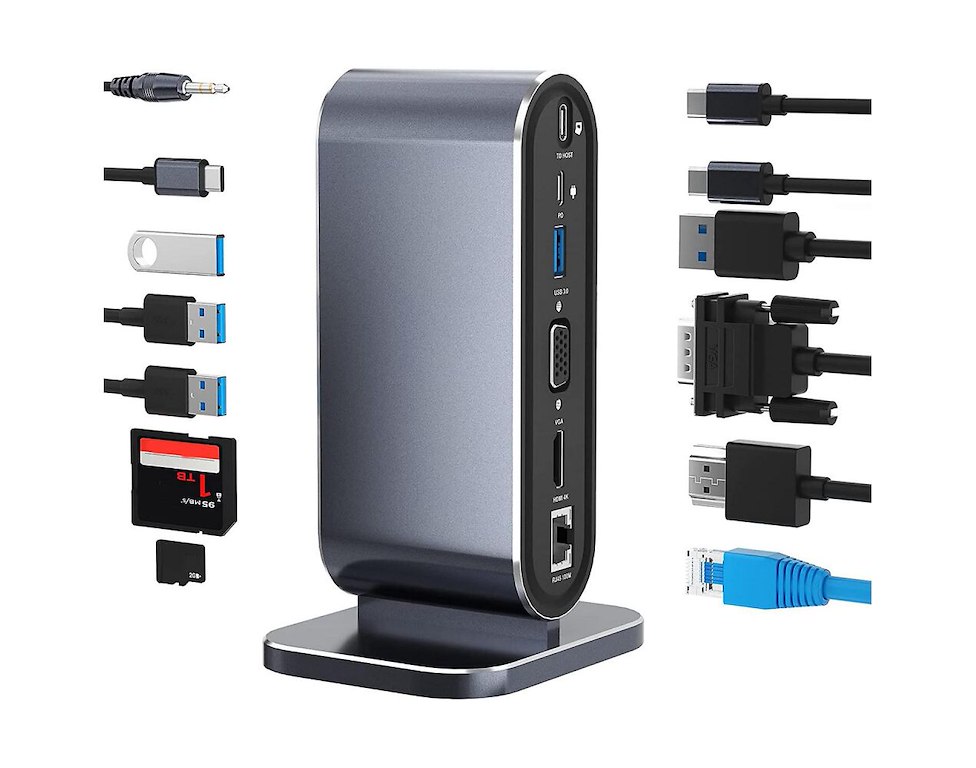 Adapter Type C na LAN Gb, SD card, TF, PD, Type C, 4xUSB 3.0, Audio, HDMI i VGA 12 u 1 sa postoljem