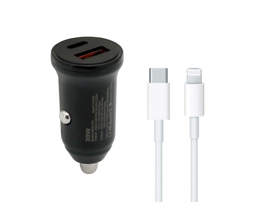 Auto punjac 30W USB-A + Type-C ulaz sa Type-C na Lightning kablom sivi (MS)