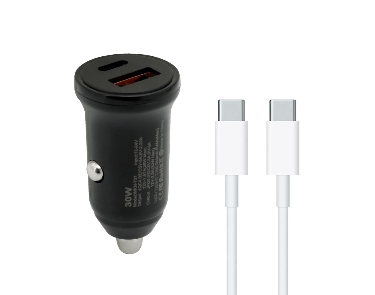 Auto punjac 30W USB-A + Type-C ulaz sa Type-C na Type-C kablom sivi (MS)