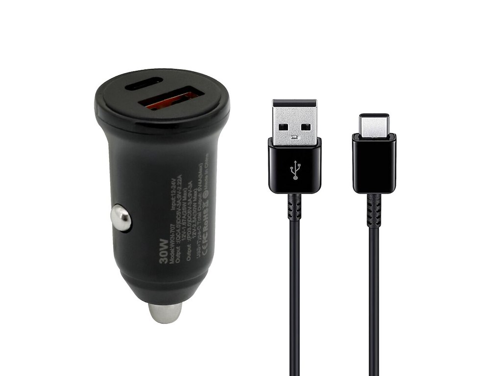 Auto punjac 30W USB-A + Type-C ulaz sa USB-A na Type-C kablom sivi (MS)
