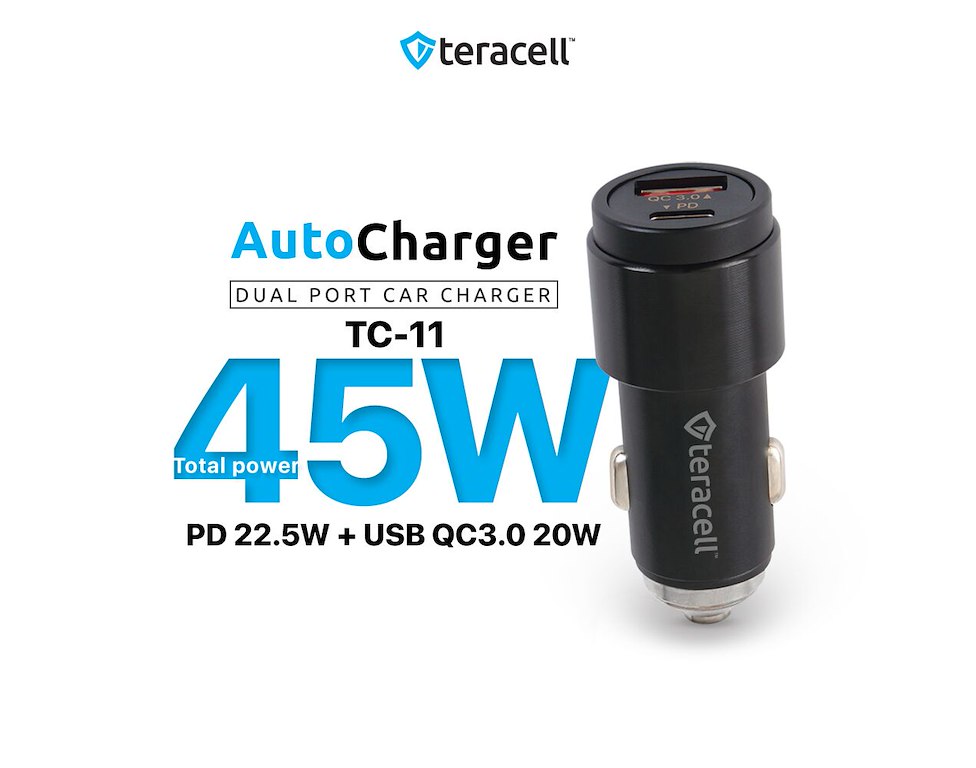 Auto punjac Teracell Evolution TC-11 PD 22.5W + USB QC3.0 20W, 45W (total) sa Lightning kablom crni
