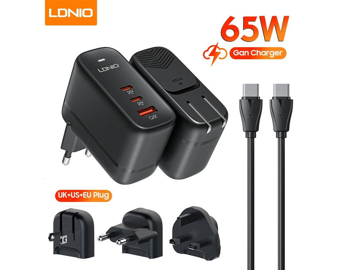 Kucni punjac sa adapterima LDNIO Q366 GaN QC3.0, 2xPD3.0 PPS 65W sa Type C na Type C kablom crni