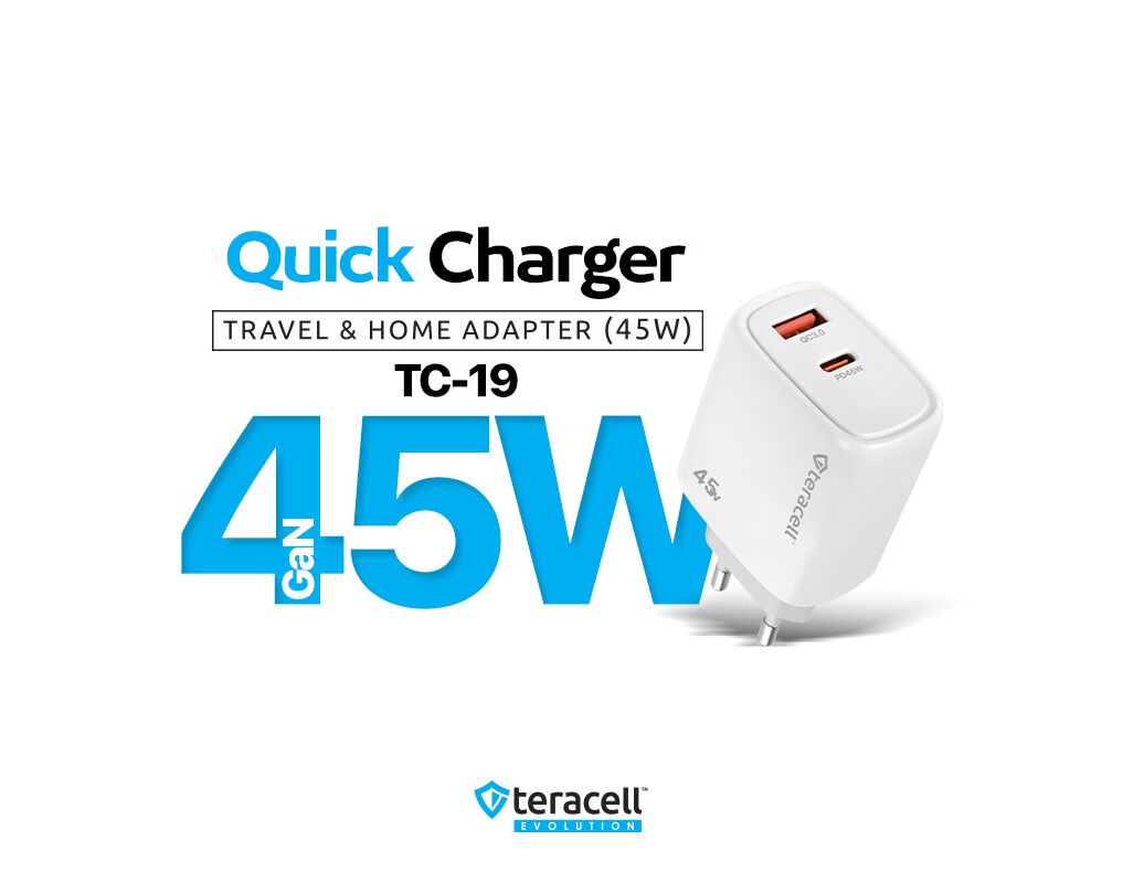 Kucni punjac Teracell Evolution TC-19, GAN, QC, PD Fast charging 45W beli CE