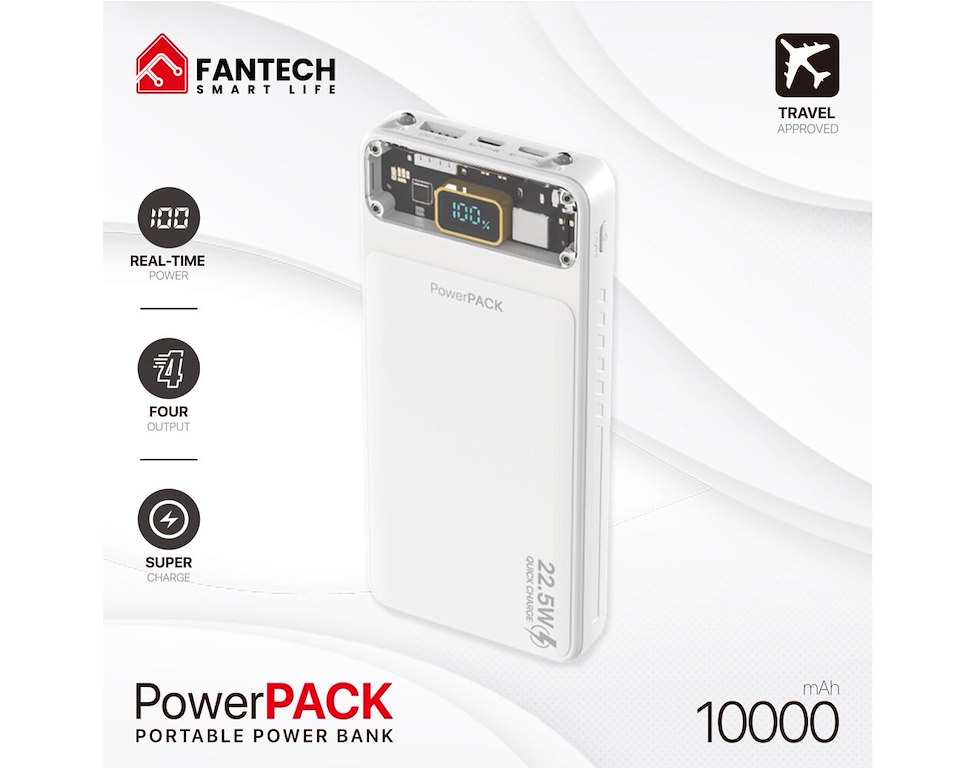 Univerzalna Back Up Baterija Prenosiva baterija Fantech T1 10000mAh QC, PD, 22.5W beli