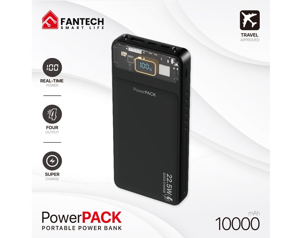 Univerzalna Back Up Baterija Prenosiva baterija Fantech T1 10000mAh QC, PD, 22.5W crni