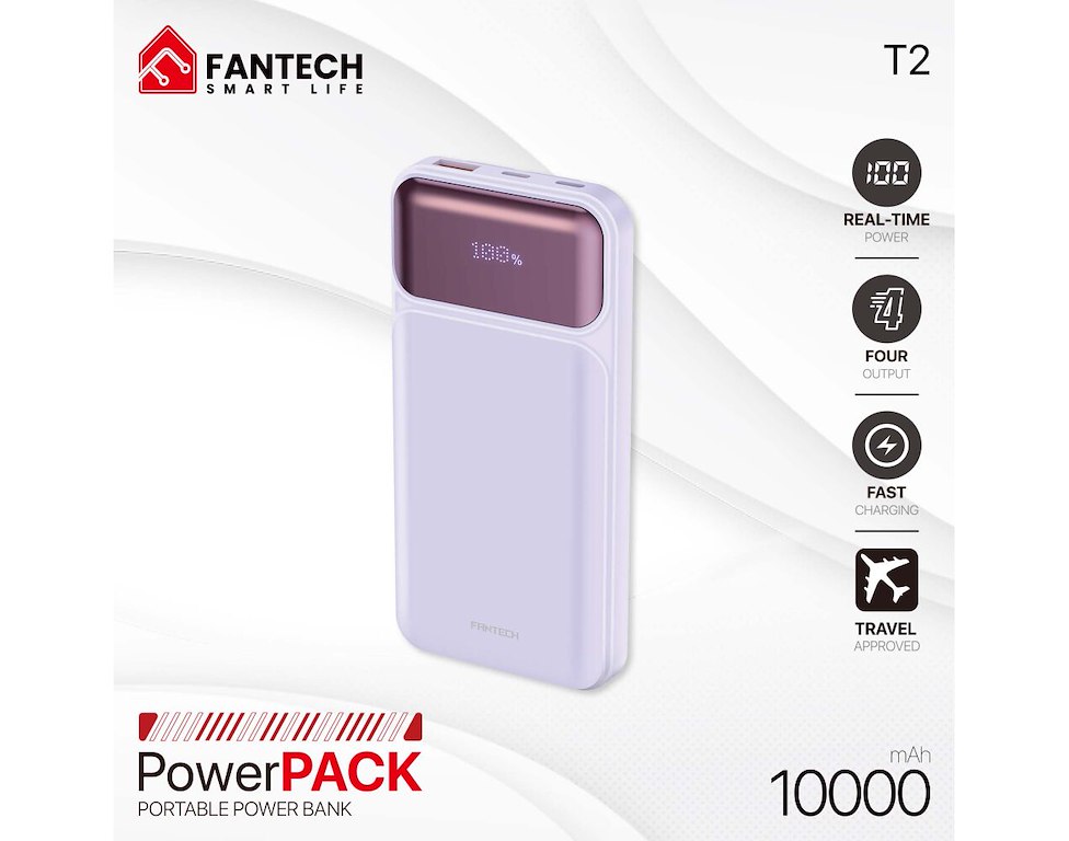 Univerzalna Back Up Baterija Prenosiva baterija Fantech T2 10000mAh QC, PD, 22.5W ljubicasti