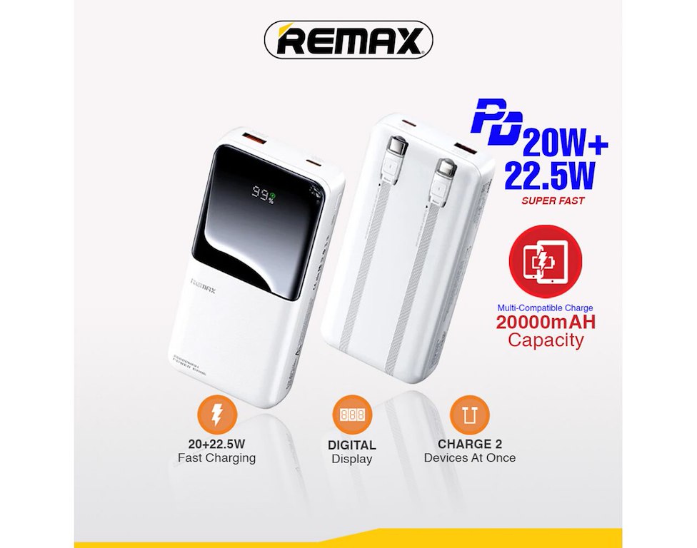 Univerzalna Back Up Baterija prenosiva baterija REMAX Cynlle Series RPP-680 PD 20W+QC 22.5W 20000mAh beli