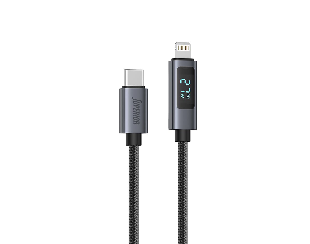 USB data kabl Superior SU-K107 pleteni 27W 3A Type-C na Lightning sa LED ekranom 1m crni (MS)
